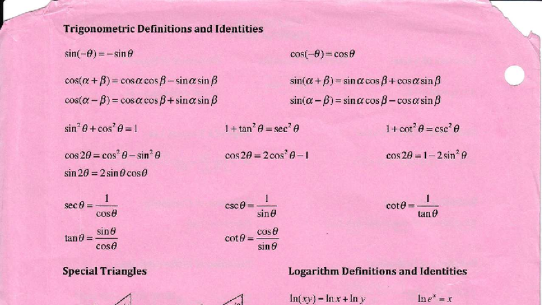 Trigonometric & Logarithmic Definitions and Identities Notes - Studocu