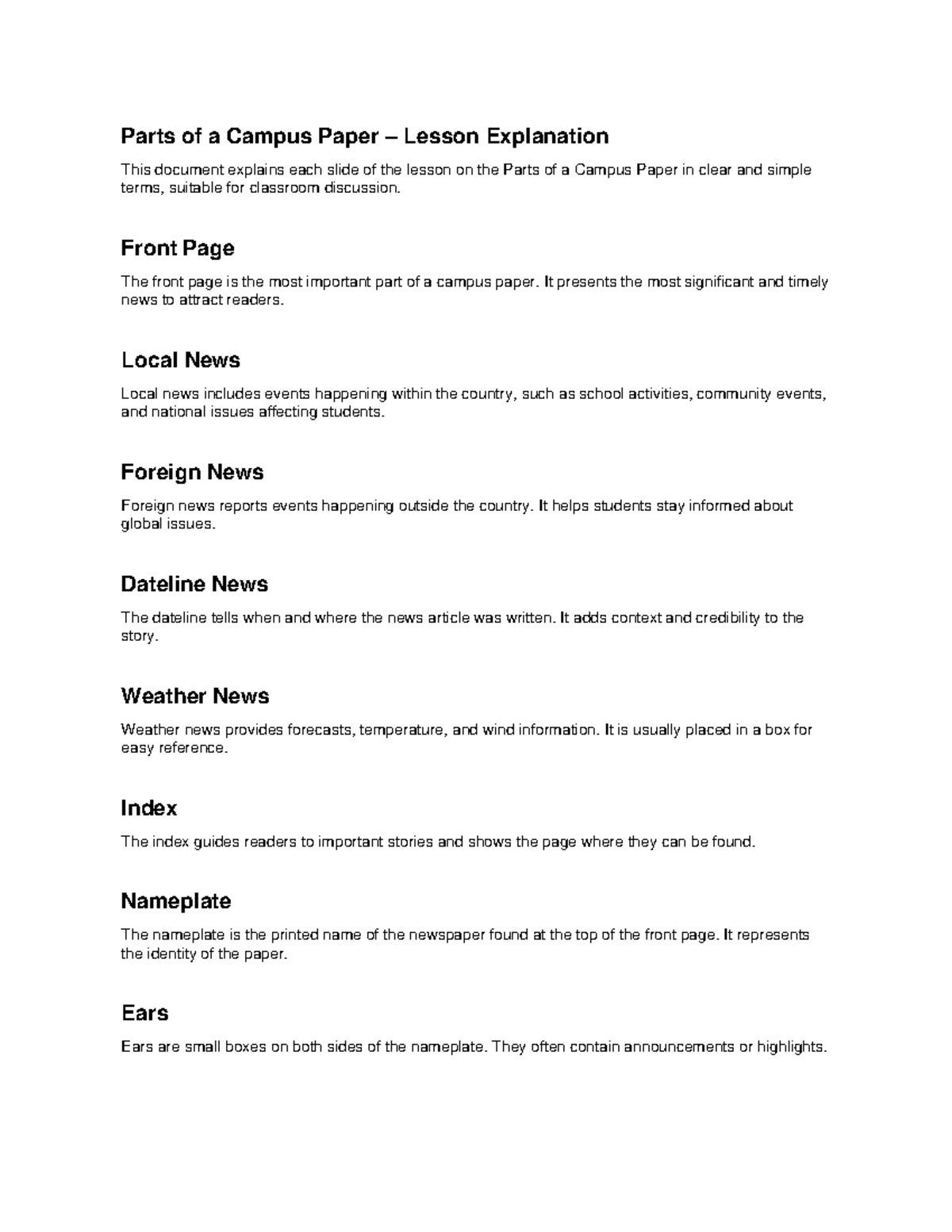 Parts of a Campus Paper: Lesson Overview and Key Elements - Studocu