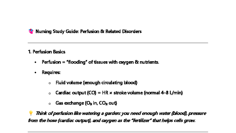 Nursing Study Guide: Perfusion Disorders & Management (Wk 5) - Studocu