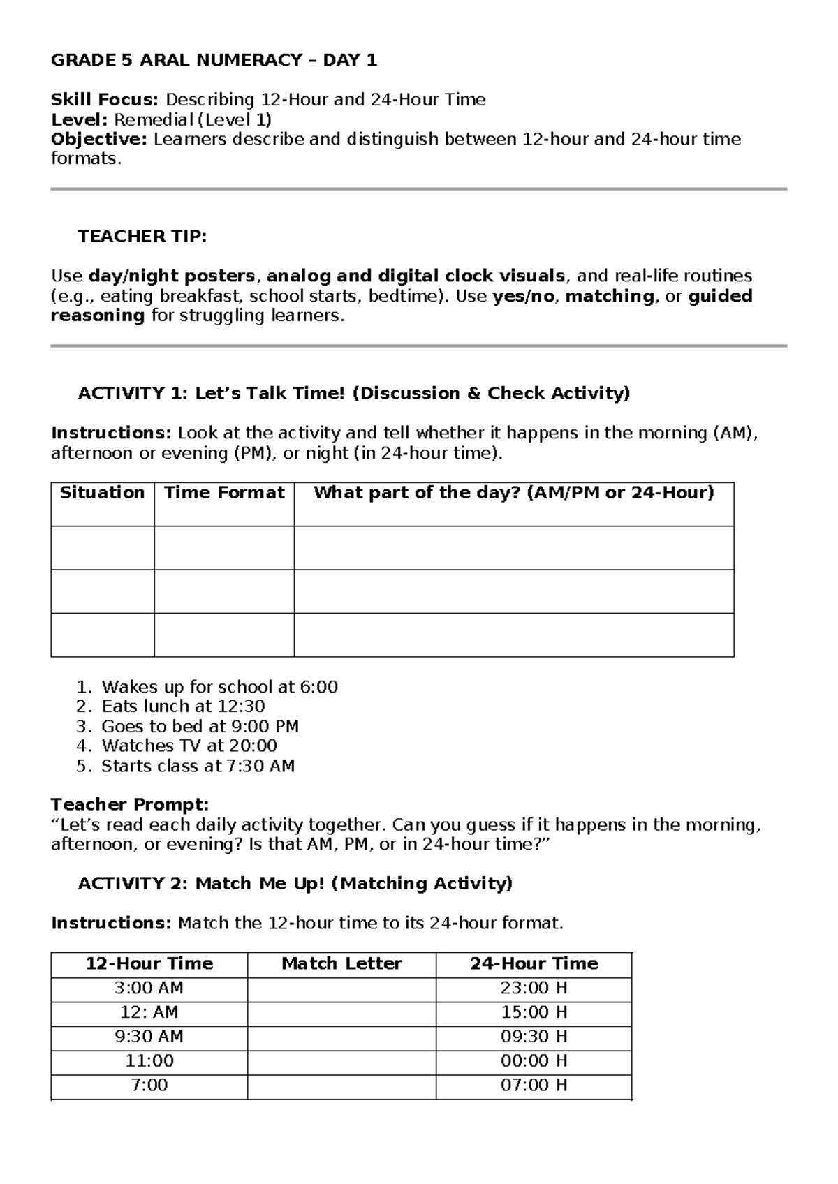 GRADE 5 ARAL NUMERACY DAY 1: Describing Time Formats Activities - Studocu