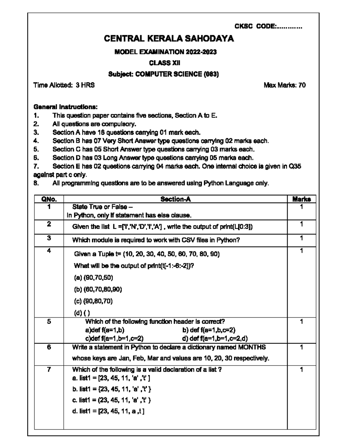 CKSC FINAL EXAM SAMPLE PAPER - COMPUTER SCIENCE (083) CLASS XII - Studocu
