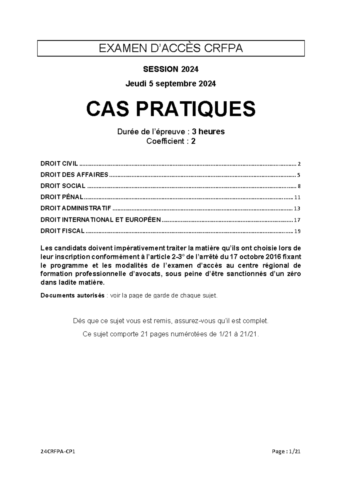 Cas Pratiques - Thèmes Principaux pour l'Examen d'Accès Crfpa 2024 ...