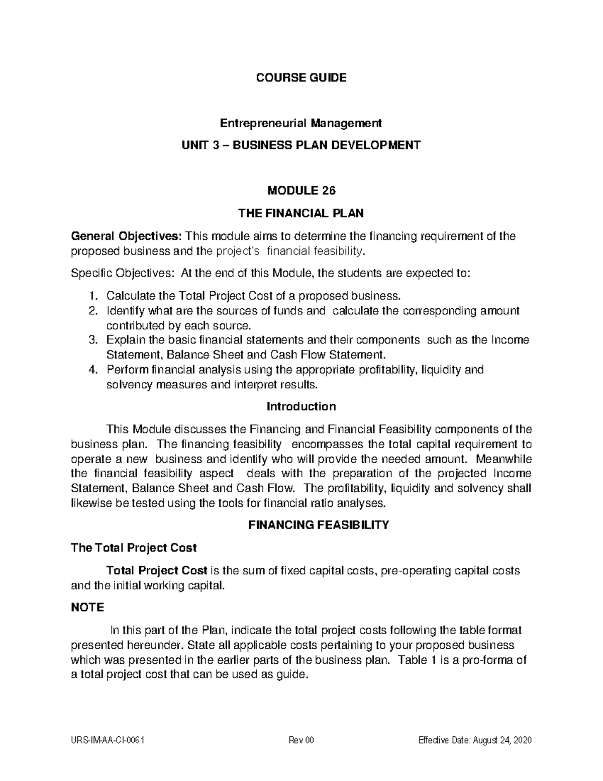 The Financial Plan - COURSE GUIDE Entrepreneurial Management UNIT 3 ...