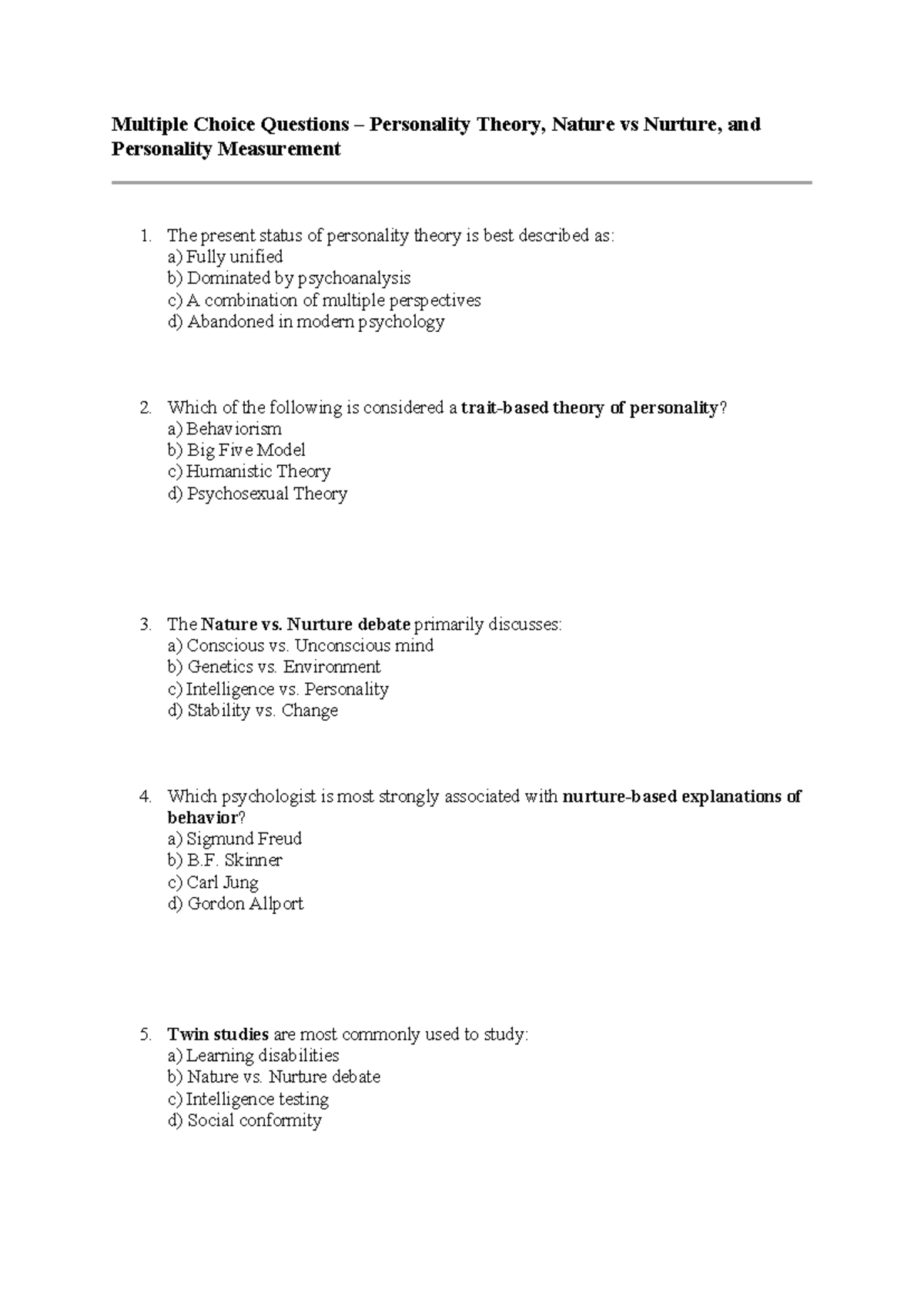 Personality Theories MCQ: Nature vs Nurture & Measurement Insights ...