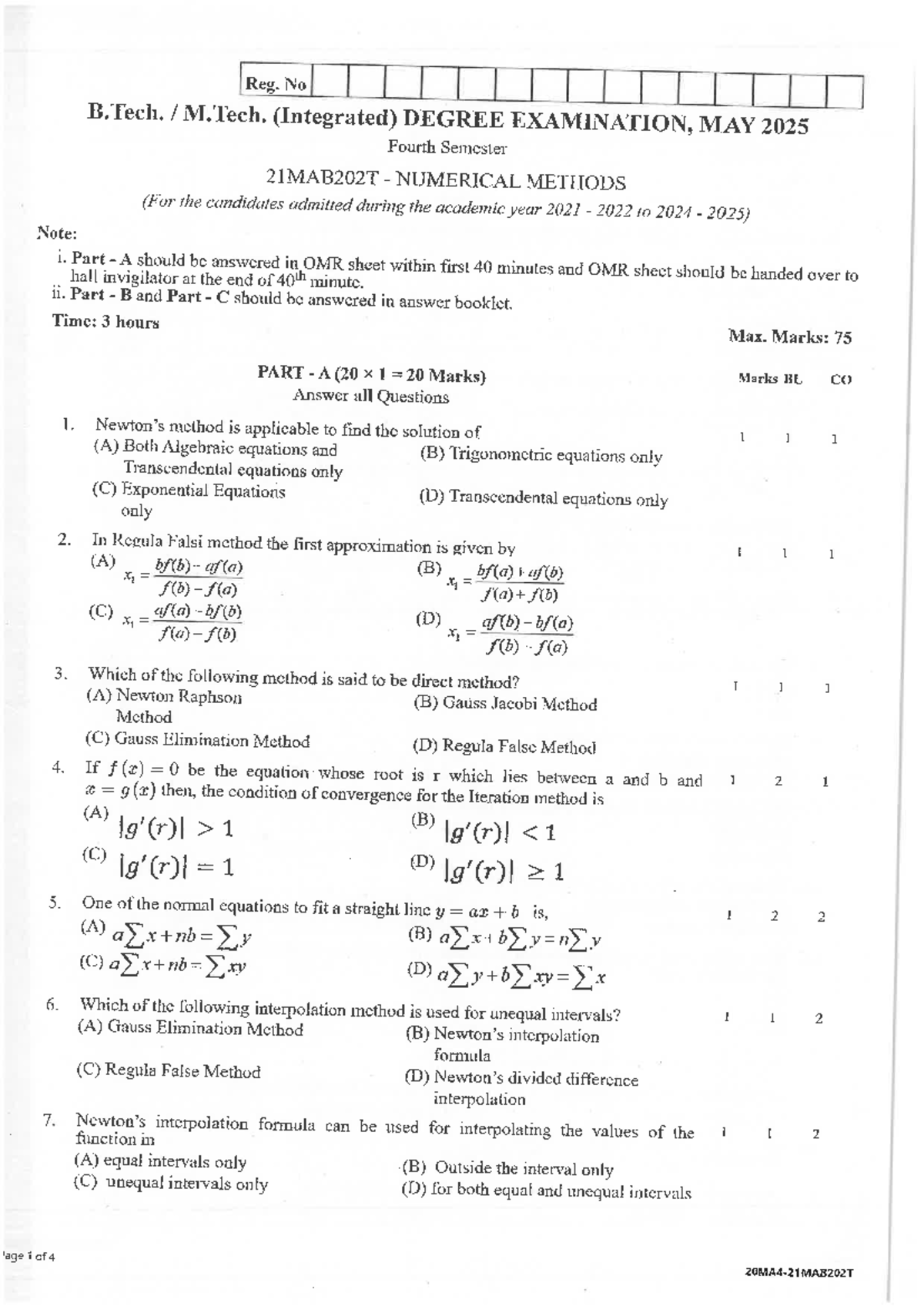 21MAB202T Numerical Methods Exam Paper - May 2025 - Studocu