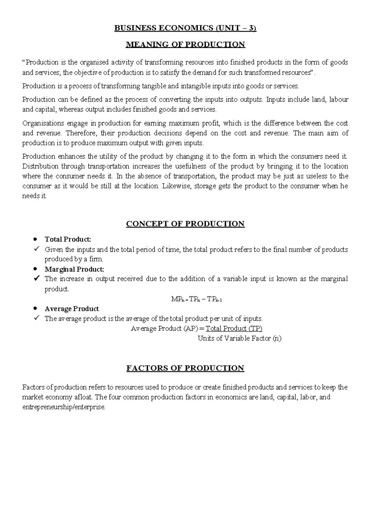 BE UNIT-3: Business Economics - Understanding Production Concepts - Studocu