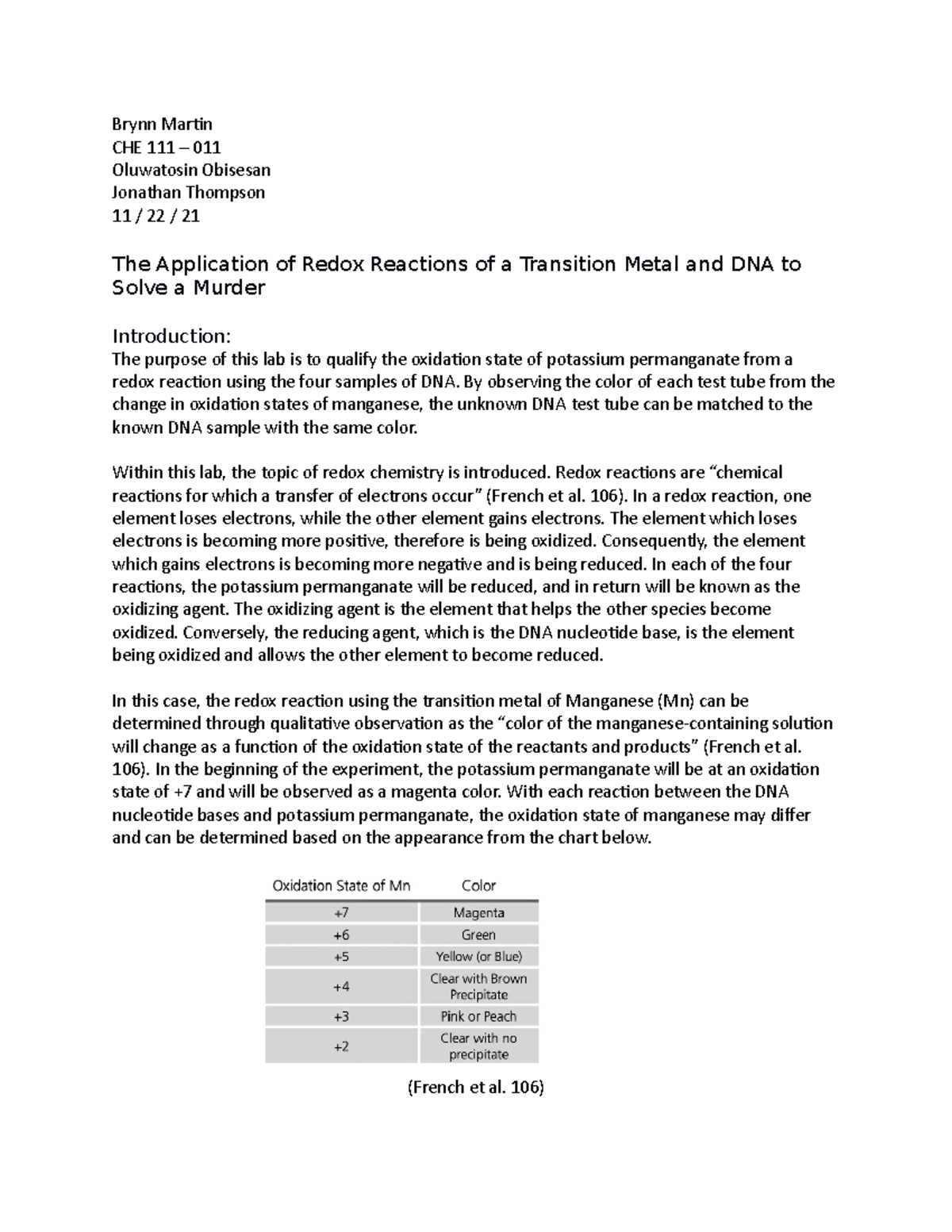 Lab 8 Report: Redox Reactions of Transition Metals & DNA in CHE 111 ...