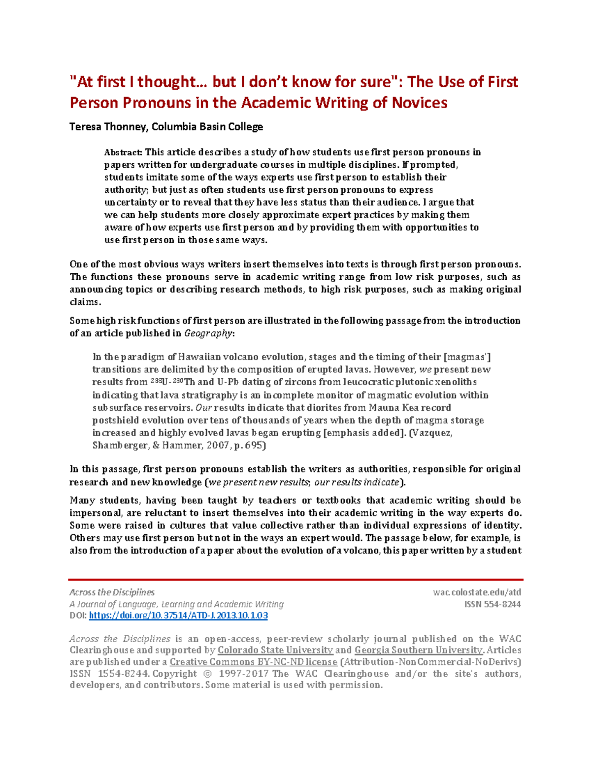 ENG 101: The Use of First Person Pronouns in Novice Academic Writing ...