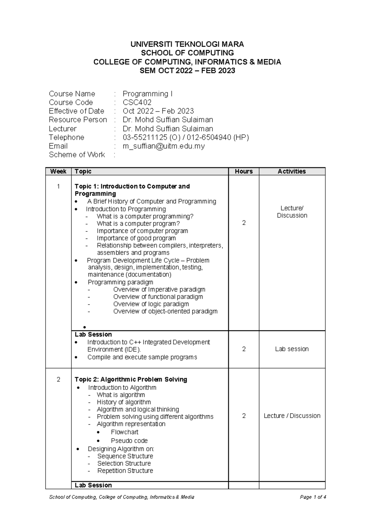 Scheme of Work - CS402 - Programming I (Oct 2022 - Feb 2023) - Studocu
