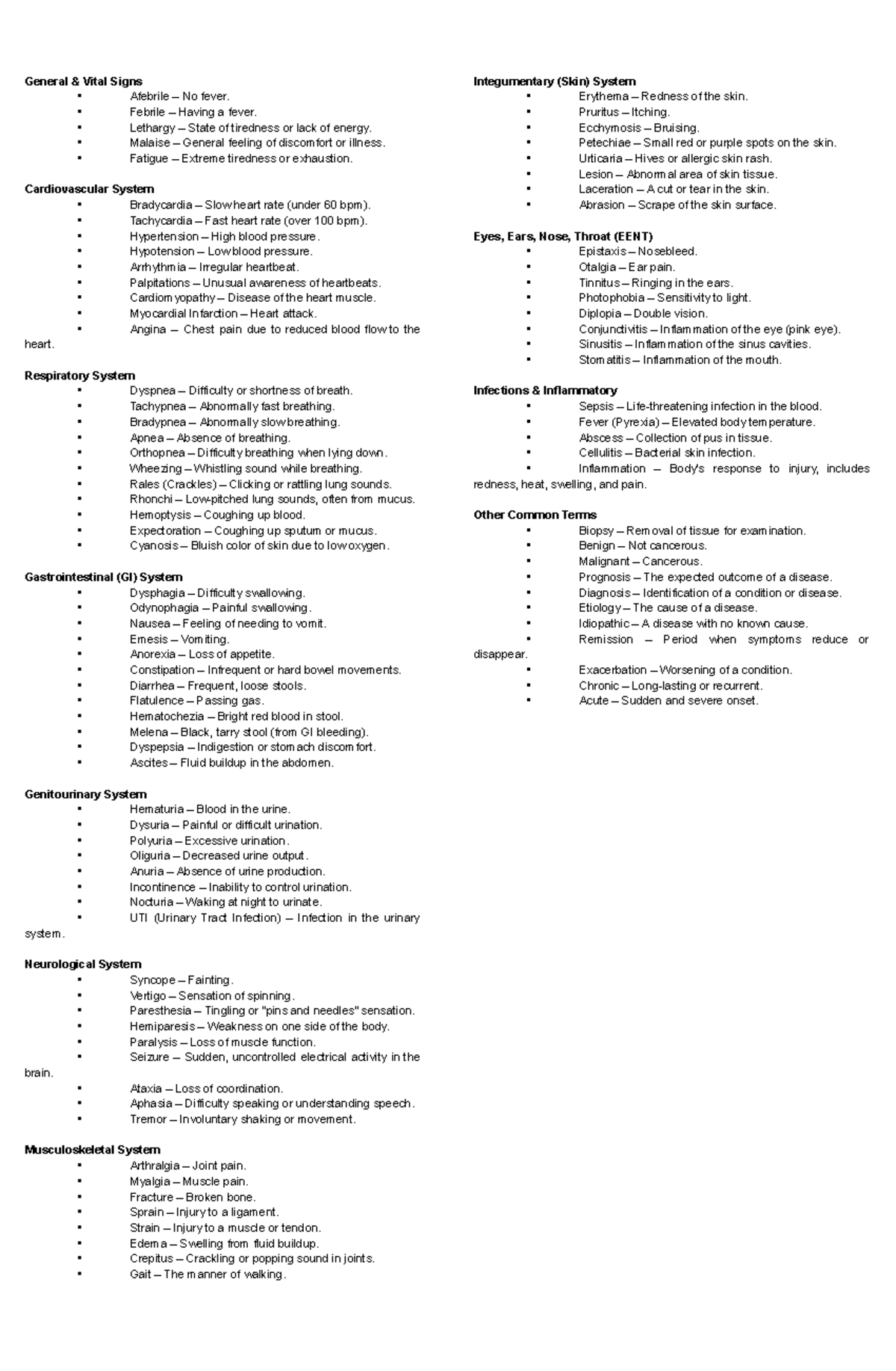 Medical Terms Glossary for Health Sciences (MED 101) - Studocu