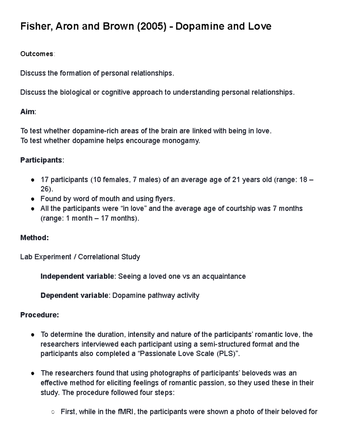 Dopamine and Love: Insights from Fisher, Aron & Brown (2005) - Studocu
