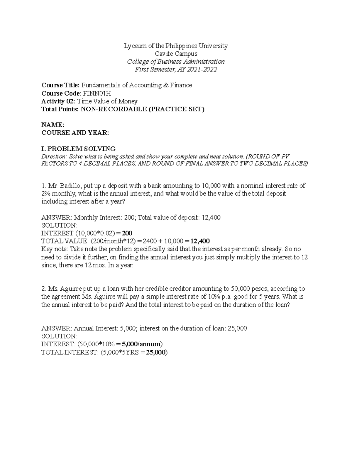 Practice Set (TVM - Please make yourself equipped - Lyceum of the ...