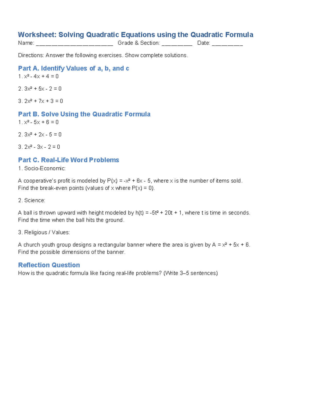 Quadratic Formula Worksheet: Solving Equations & Word Problems - Studocu