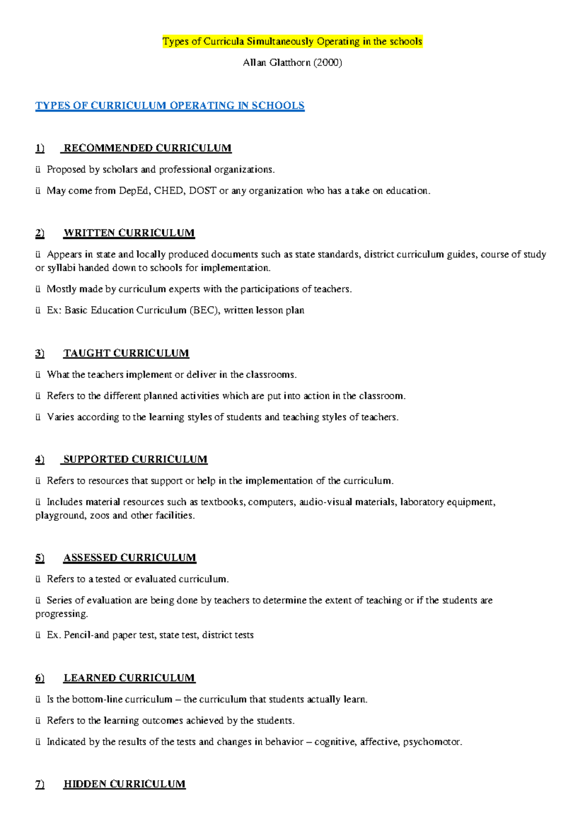 Types of Curriculum in Schools: Insights from Allan Glatthorn - Studocu