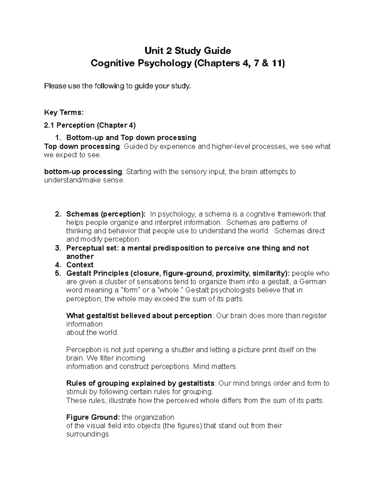 Unit 2 Study Guide: Cognitive Psychology (Ch. 4, 7, 11) Insights - Studocu