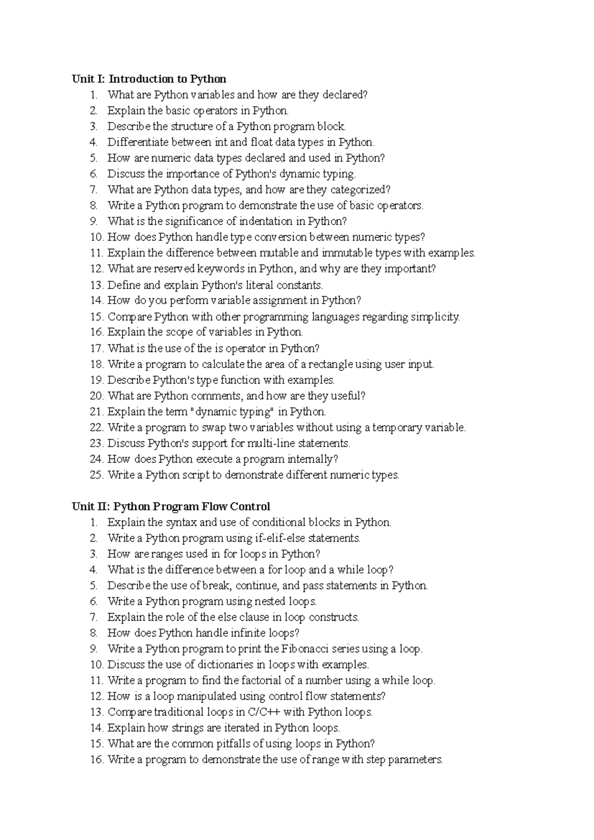 Python Important Questions: Unit-wise Overview and Key Concepts - Studocu