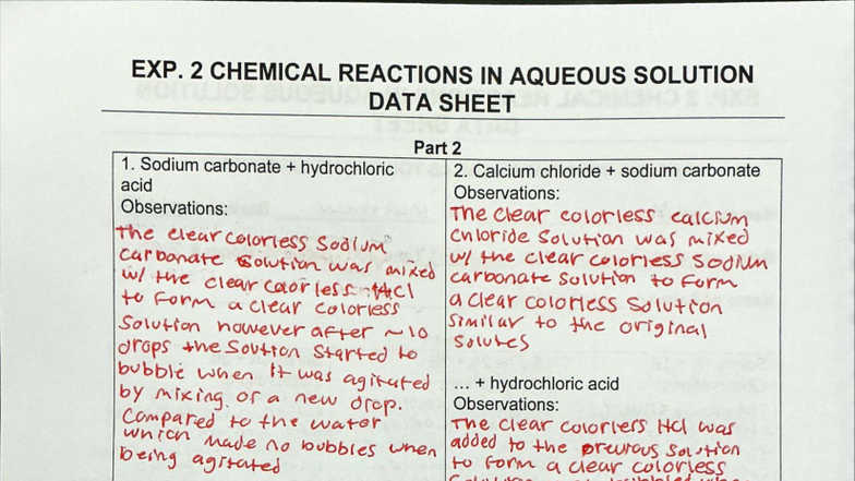 EXP. 2 CHEMICAL REACTIONS IN AQUEOUS SOLUTION DATA SHEET - Studocu