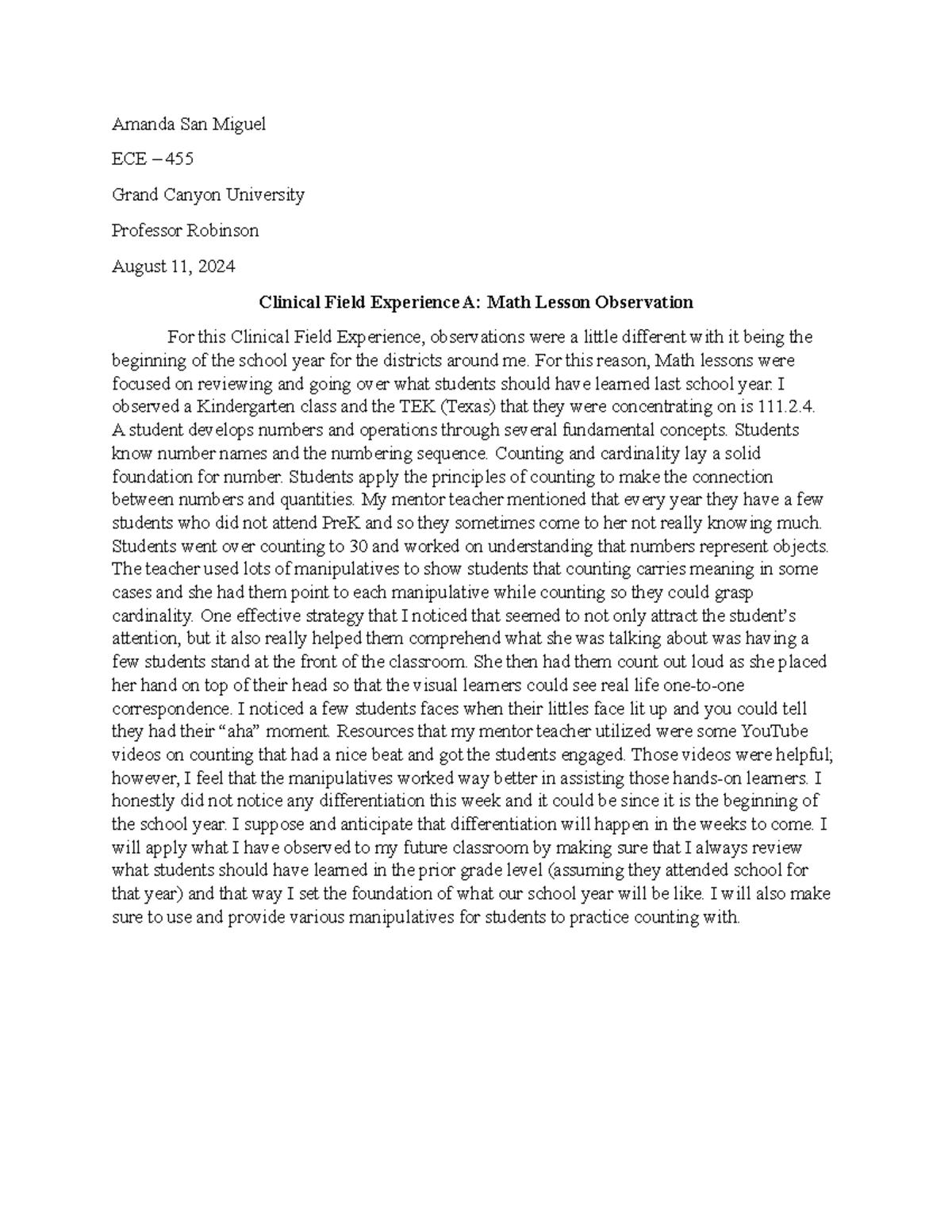 ECE-455-WK2-Math Lesson Observation in Kindergarten Field Experience ...
