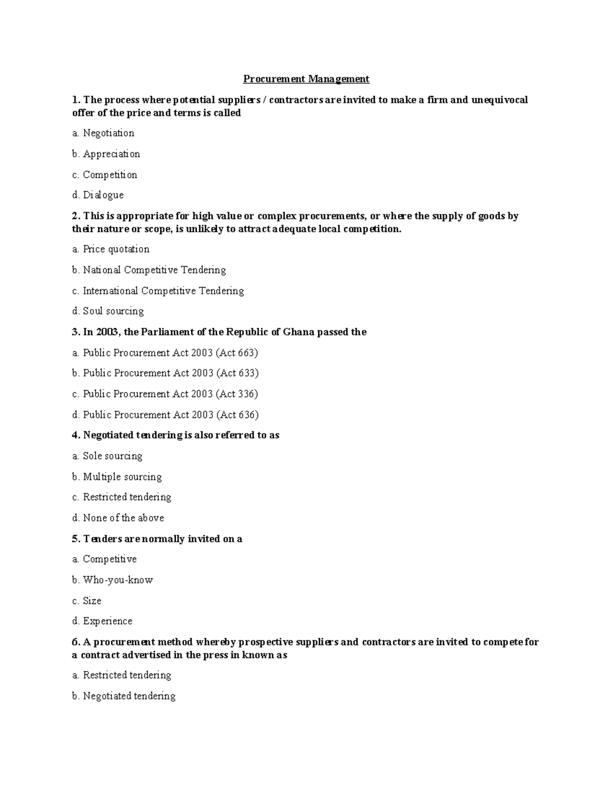 Procurement Management Quiz Prep: Key Concepts & Methods - Studocu
