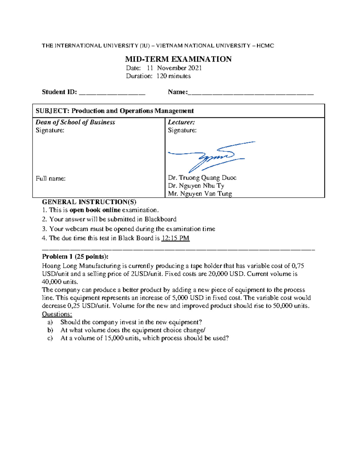 Mid exam - Exam mid - THE INTERNATIONAL UNIVERSITY (IU) – VIETNAM ...