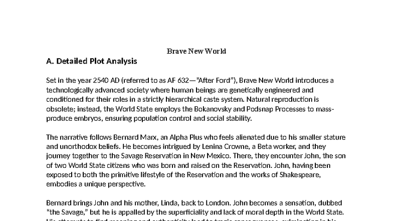 Brave New World (ENG 101): Detailed Plot & Dystopian Analysis - Studocu