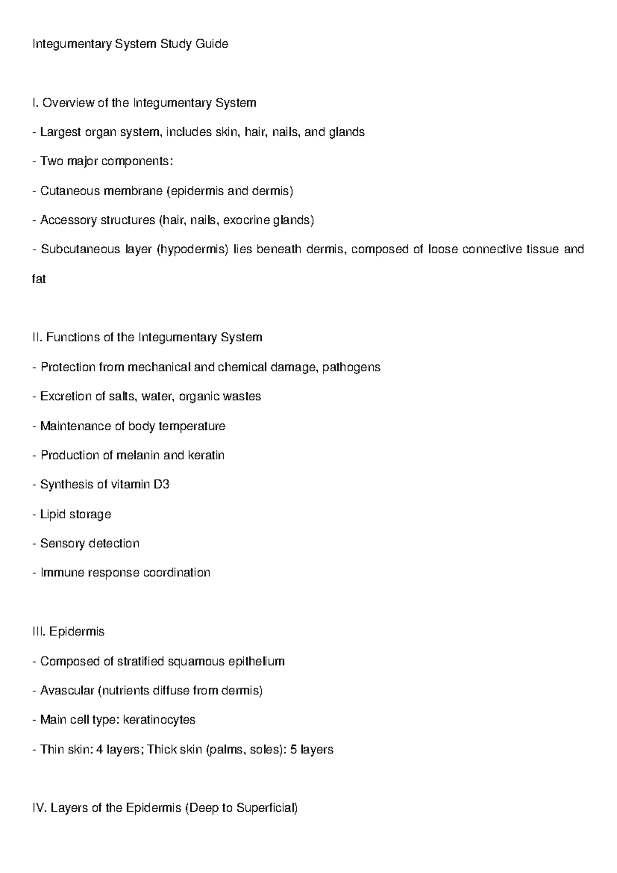 Integumentary System Study Guide for BIO 101: Final Exam Review - Studocu
