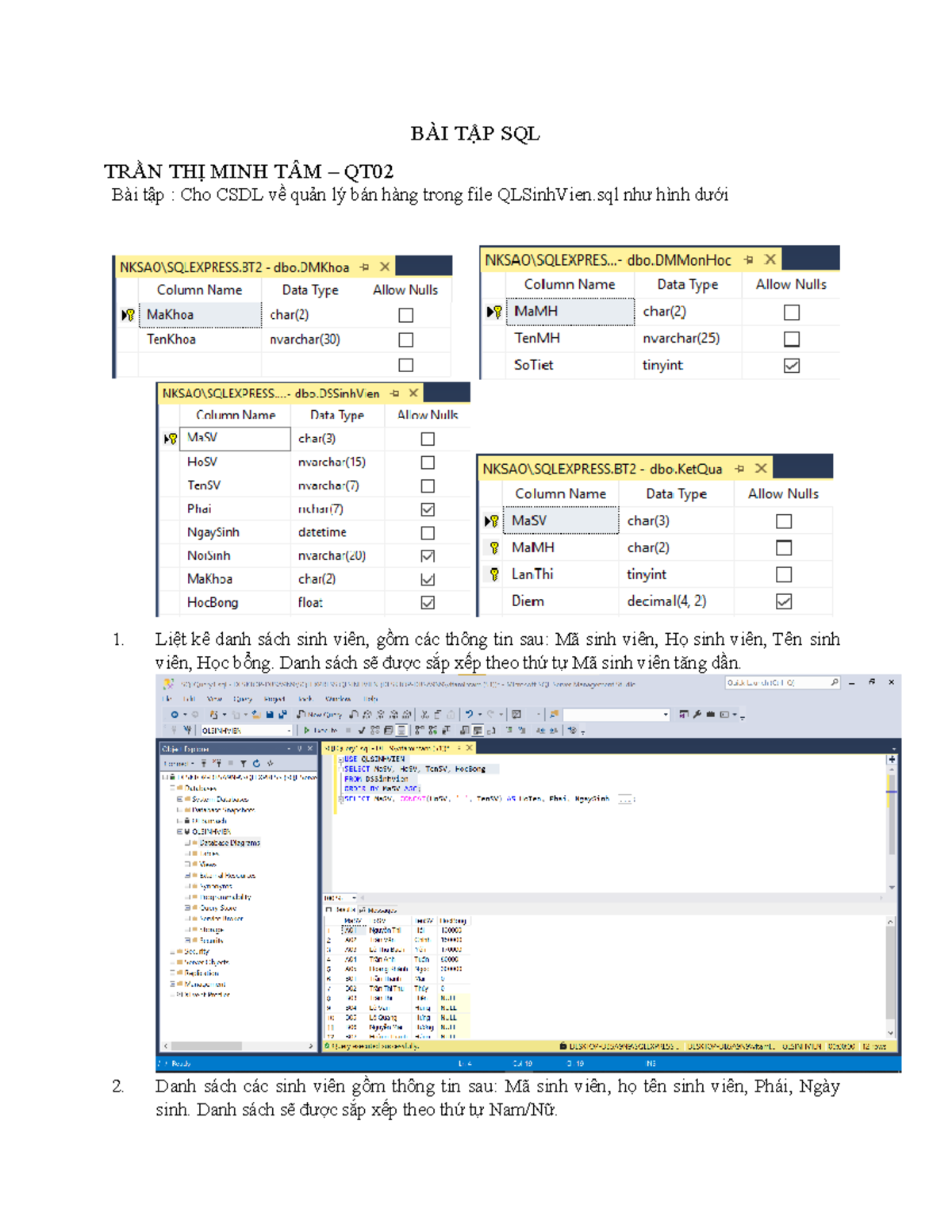 Bài Tập SQL QLSinhVien - Thực Hành Quản Lý Sinh Viên 1 - Studocu