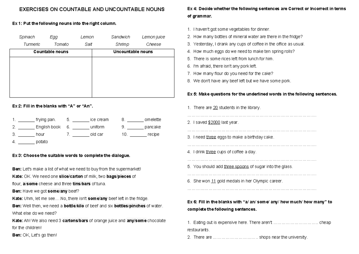 Bai tap ve danh tu Unit 6 - hay hay hay - EXERCISES ON COUNTABLE AND UNCOUNTABLE NOUNS Ex 1: Put ...