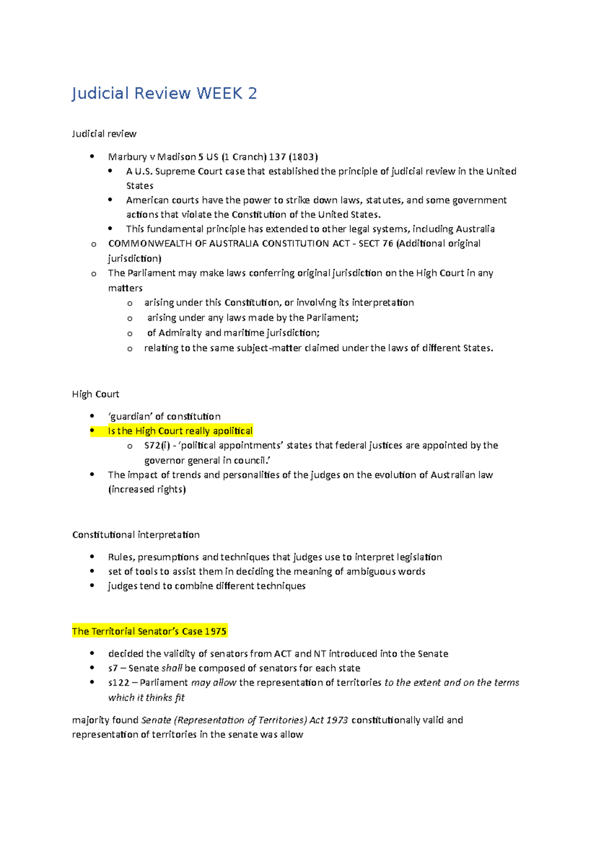 Judicial Review Notes - Judicial Review WEEK 2 Judicial review Marbury ...