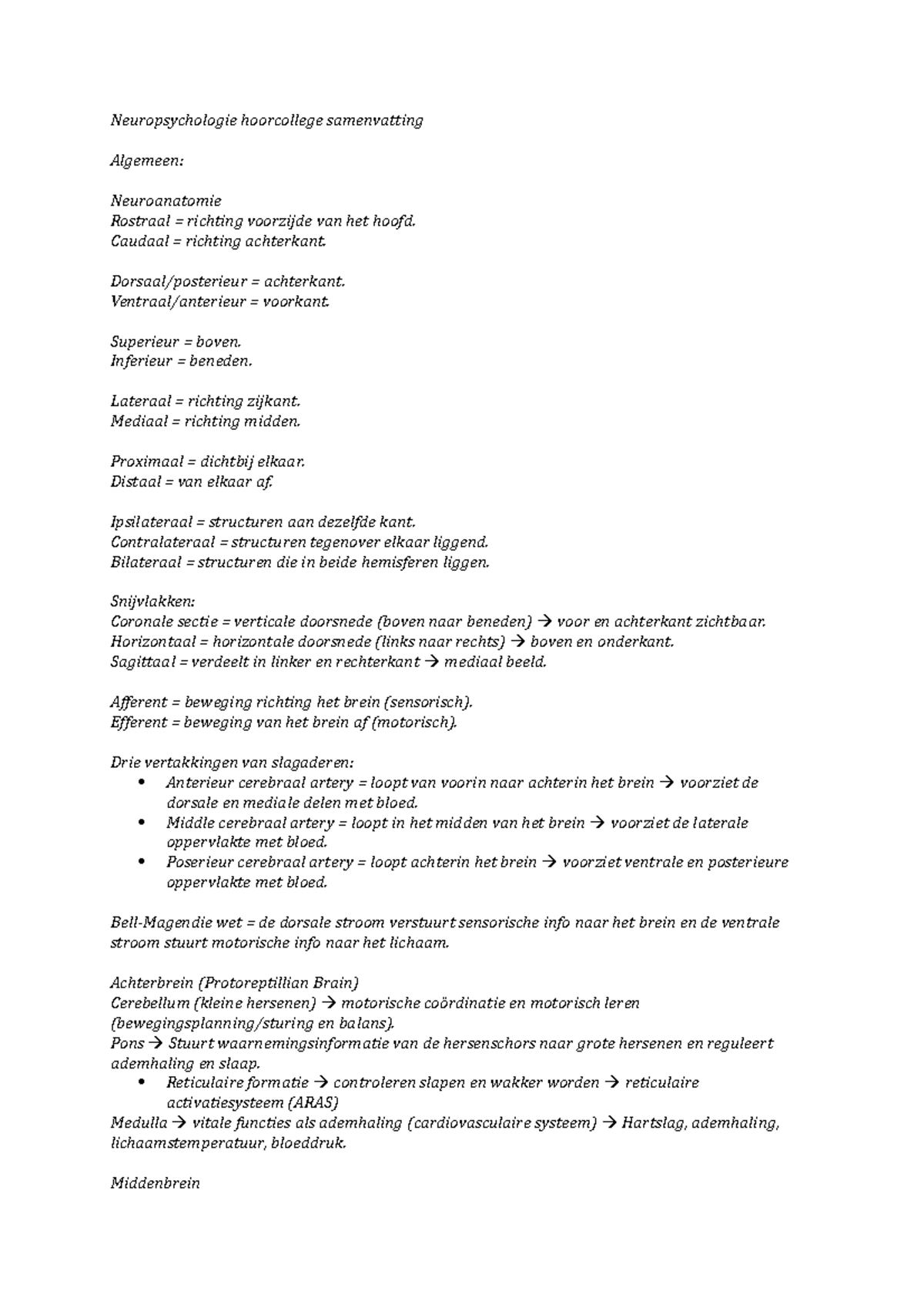 Neuropsychologie Hoorcollege Samenvatting en Belangrijke Concepten ...