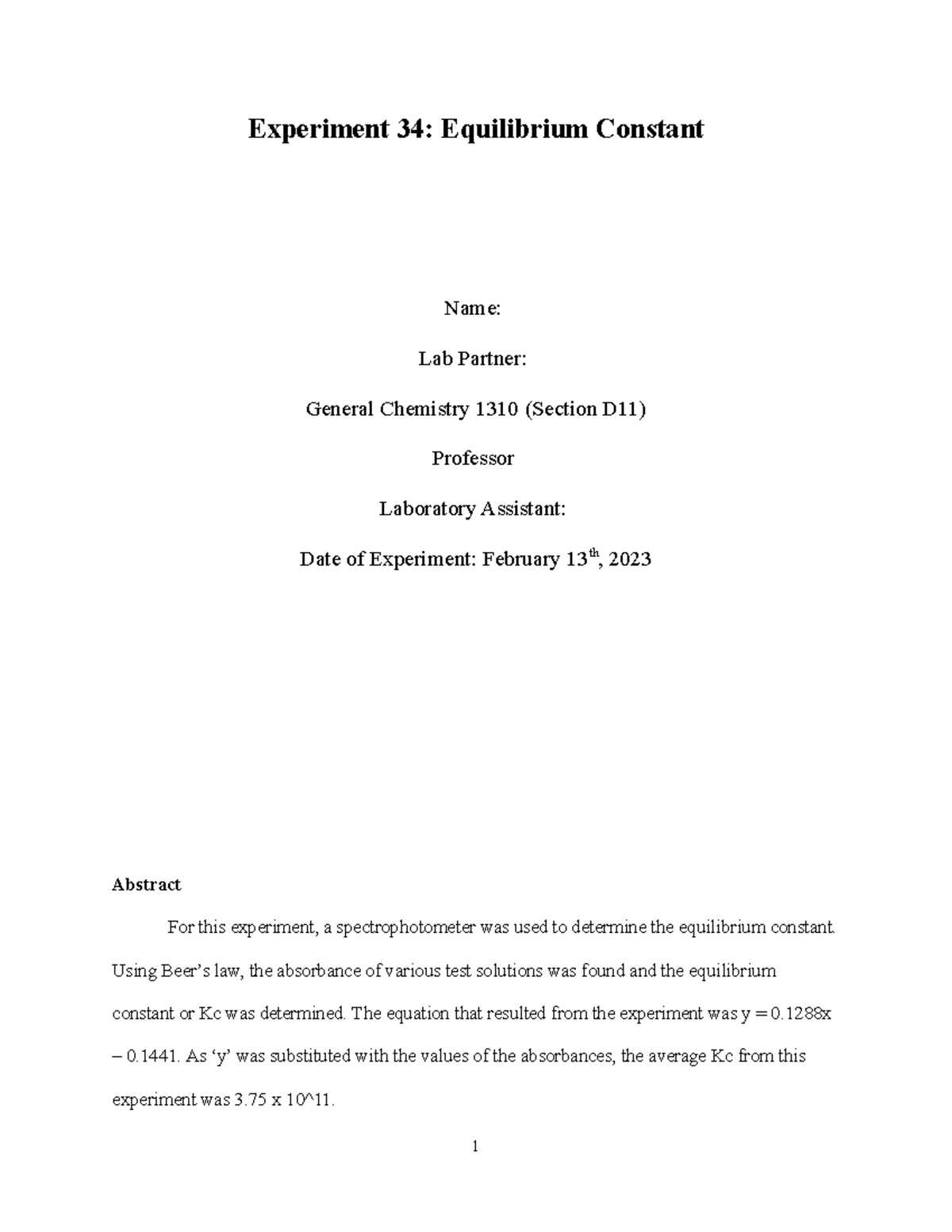 Full Lab Report Form - Experiment 34: Equilibrium Constant Name: Lab ...