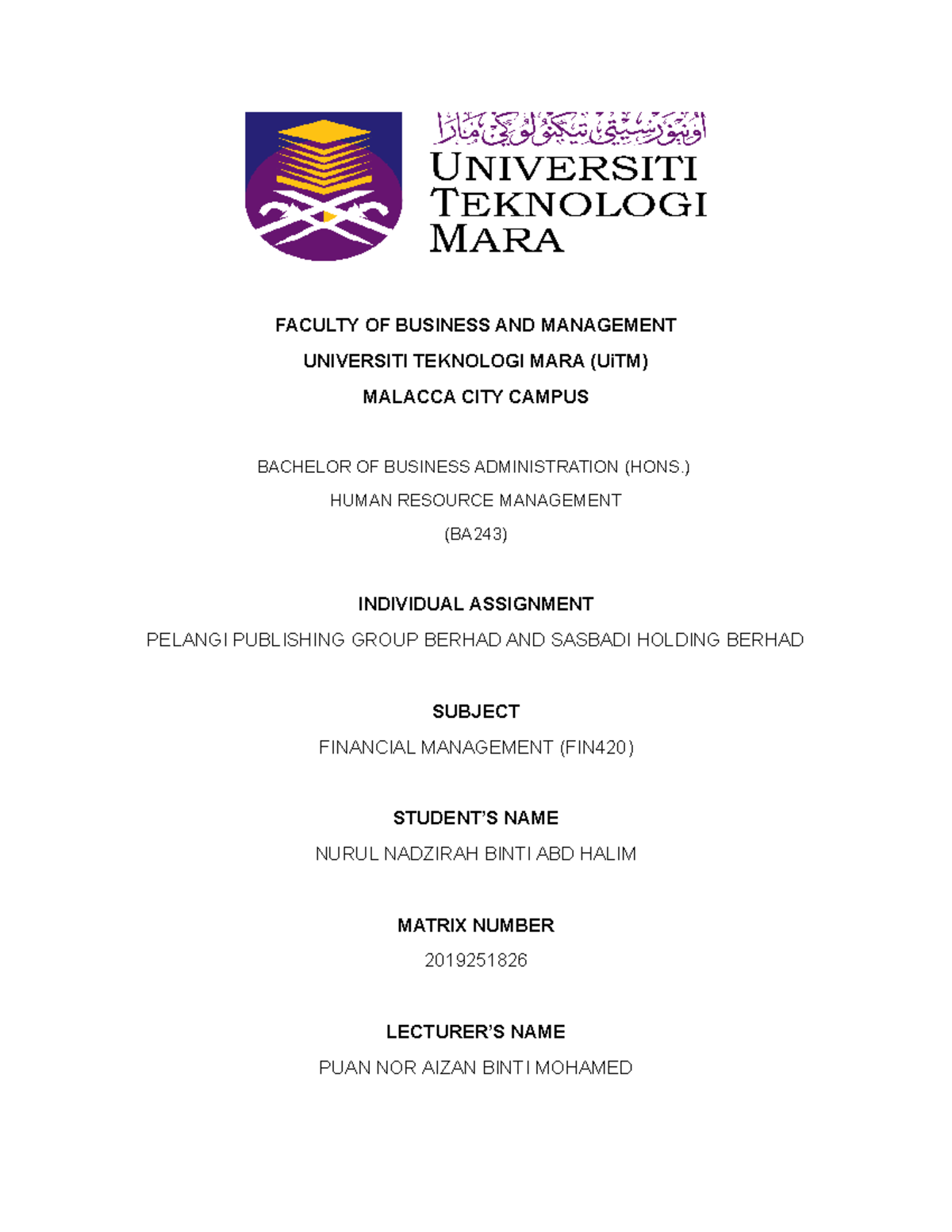 Comparative Analysis: Individual Assignment on FIN420 for Pelangi ...
