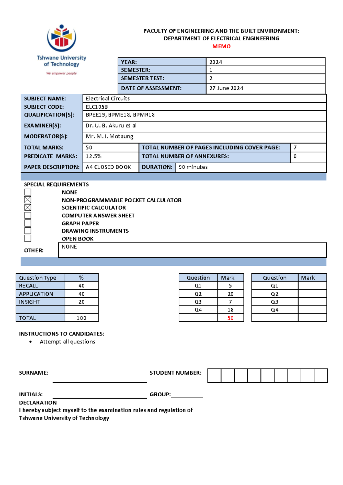 Electrical Circuits ELC105B Semester Test 2 Memo - 27 June 2024 - Studocu
