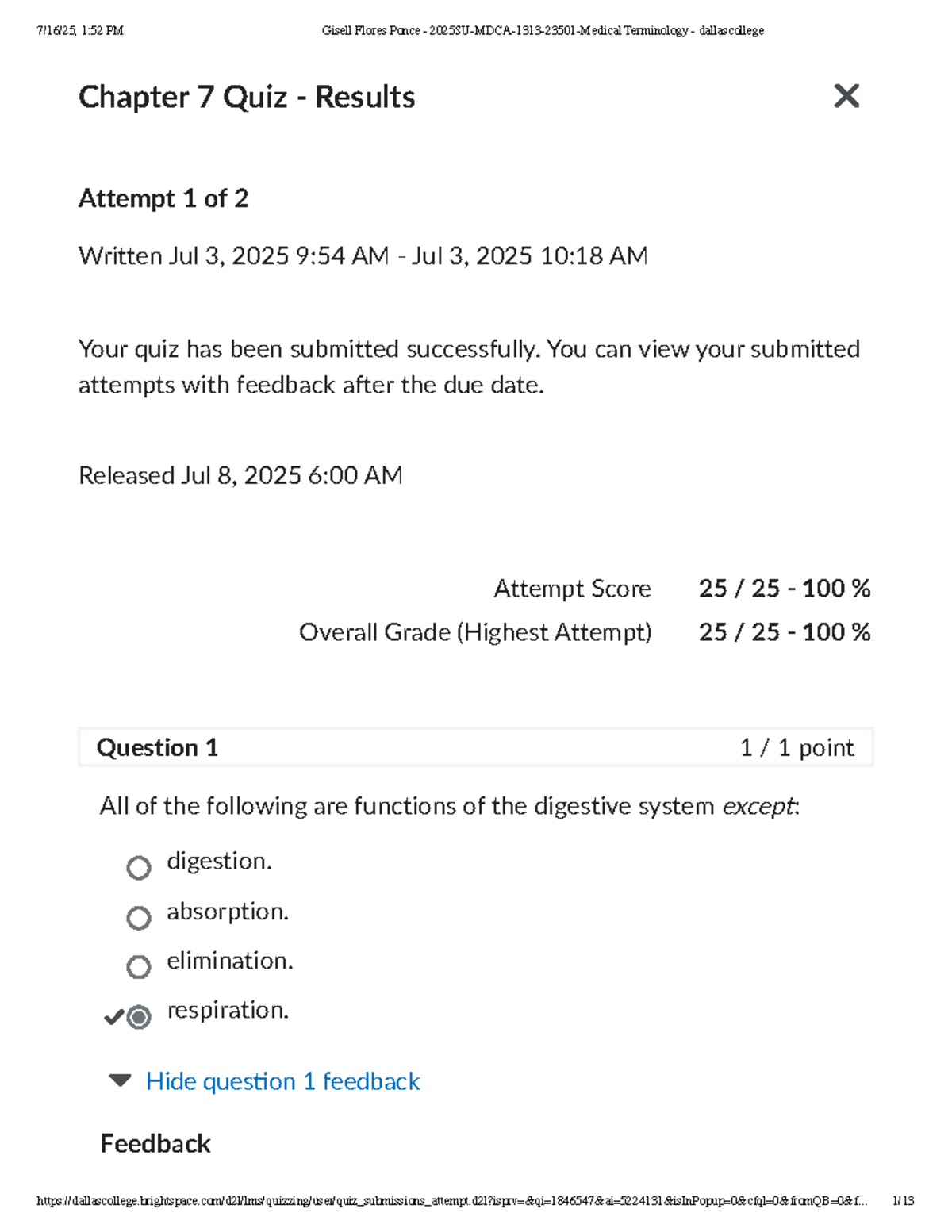 Medical Terminology Chapter 7 Quiz Results - 2025SU-MDCA-1313 - Studocu