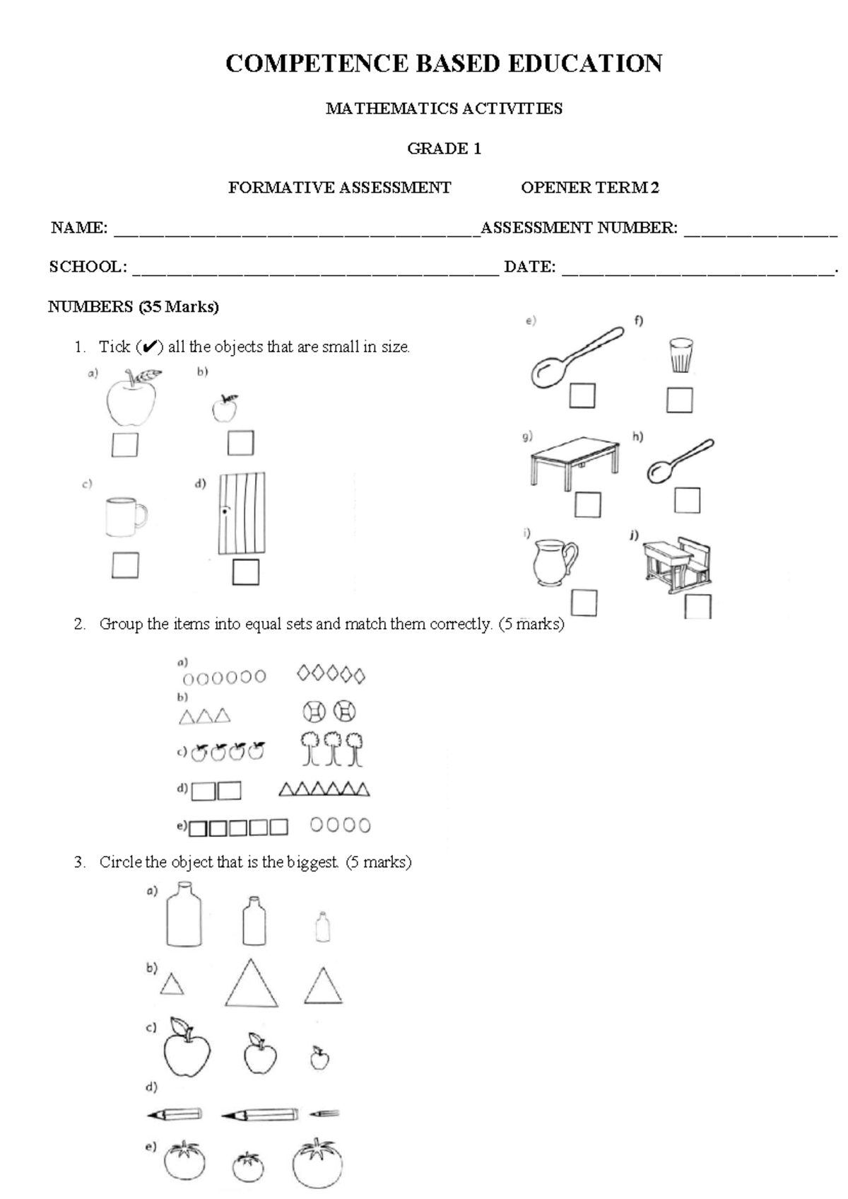Grade 1 Mathematics Activities: Formative Assessment Term 2 - Studocu