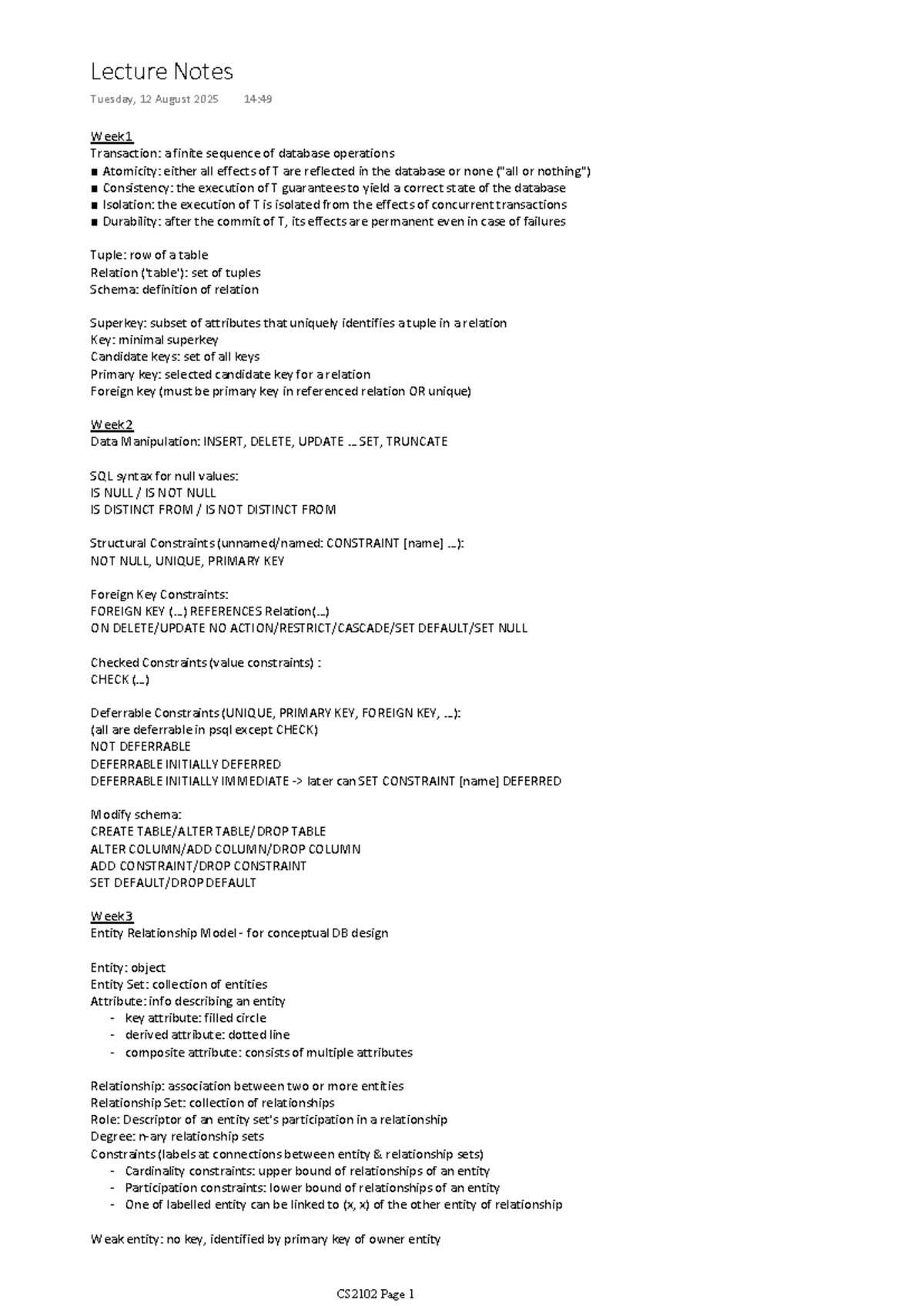 CS2102 Lecture Notes: Database Concepts and SQL Techniques - Studocu