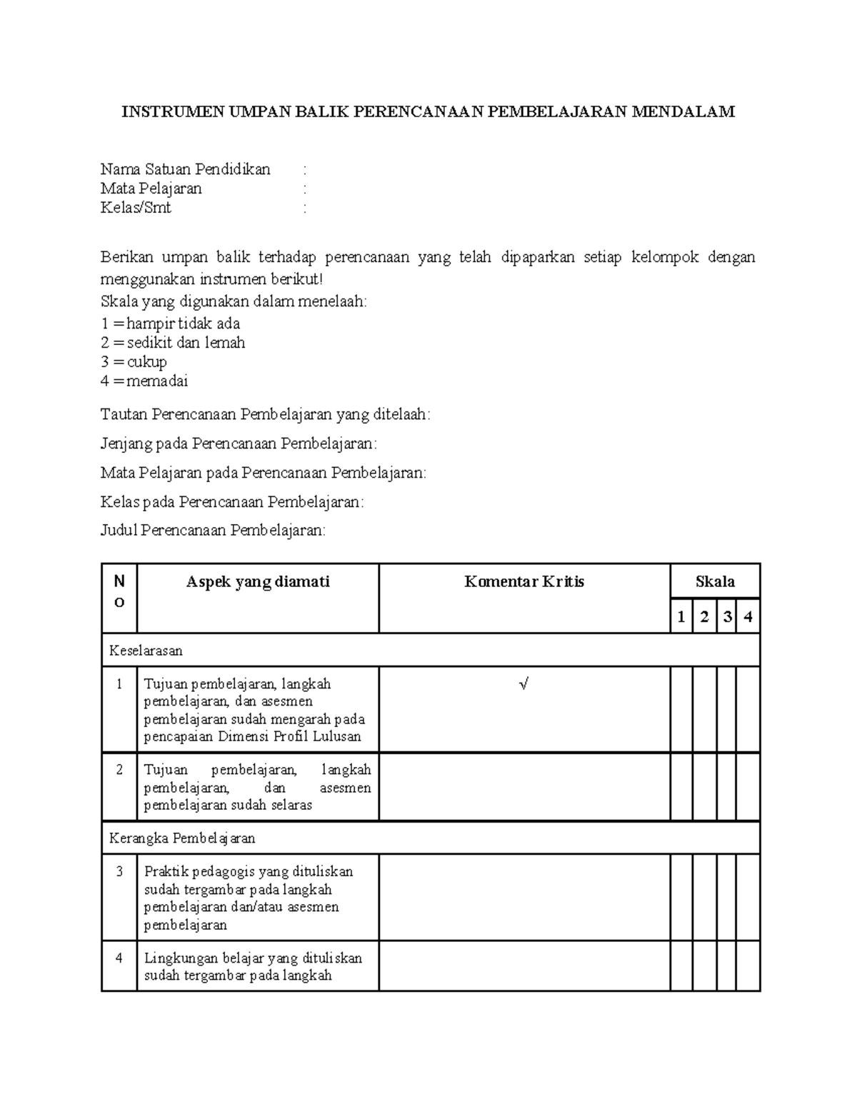 Telaah RPP: Umpan Balik Perencanaan Pembelajaran Mendalam - Studocu