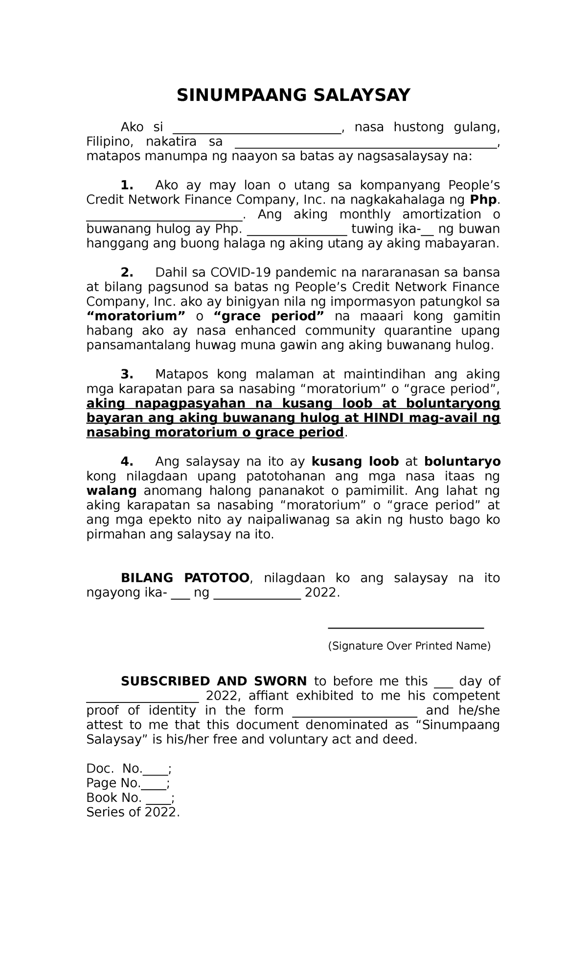 Sinumpaang Salaysay PCNI - SINUMPAANG SALAYSAY Ako si ___________________________, nasa hustong ...