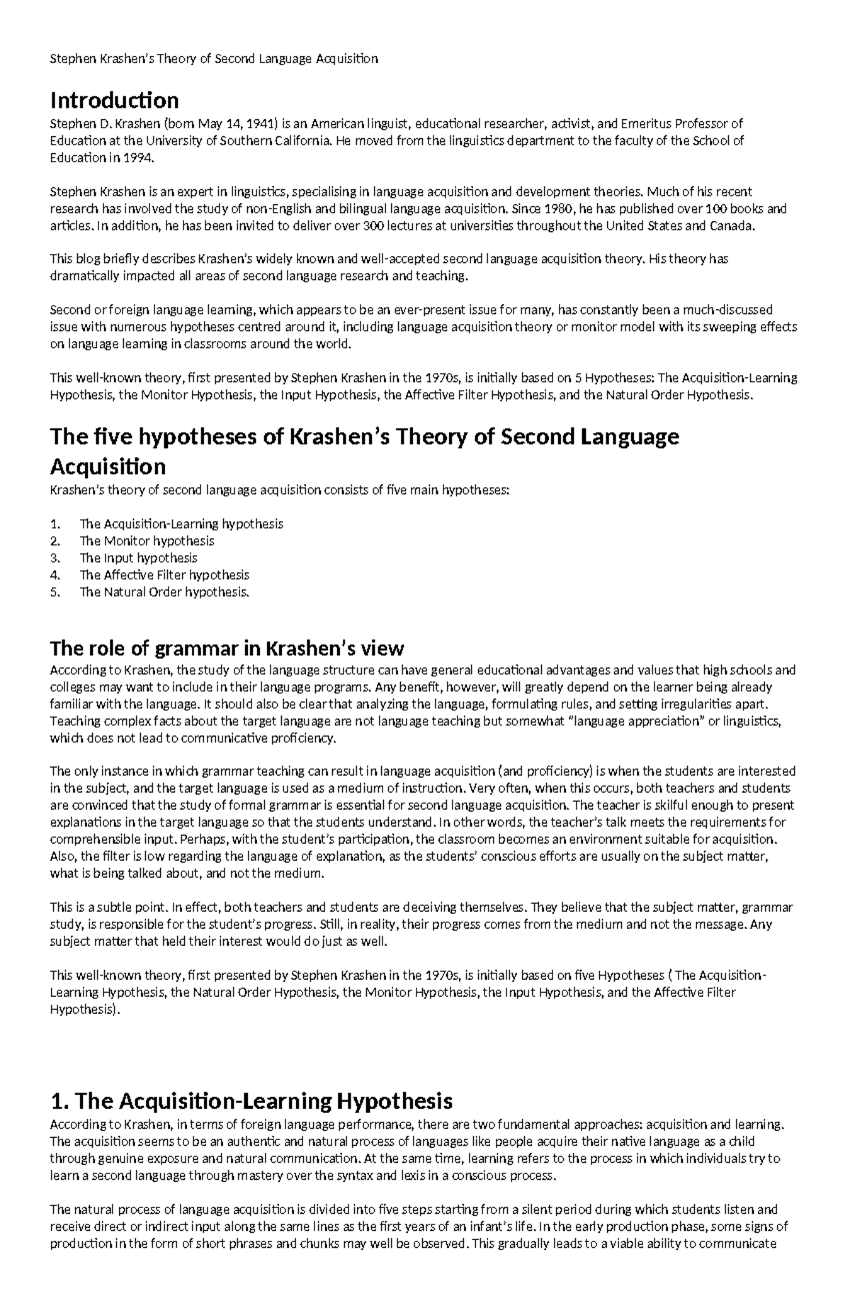 Stephen Krashen's Second Language Acquisition Theory Explained - Studocu
