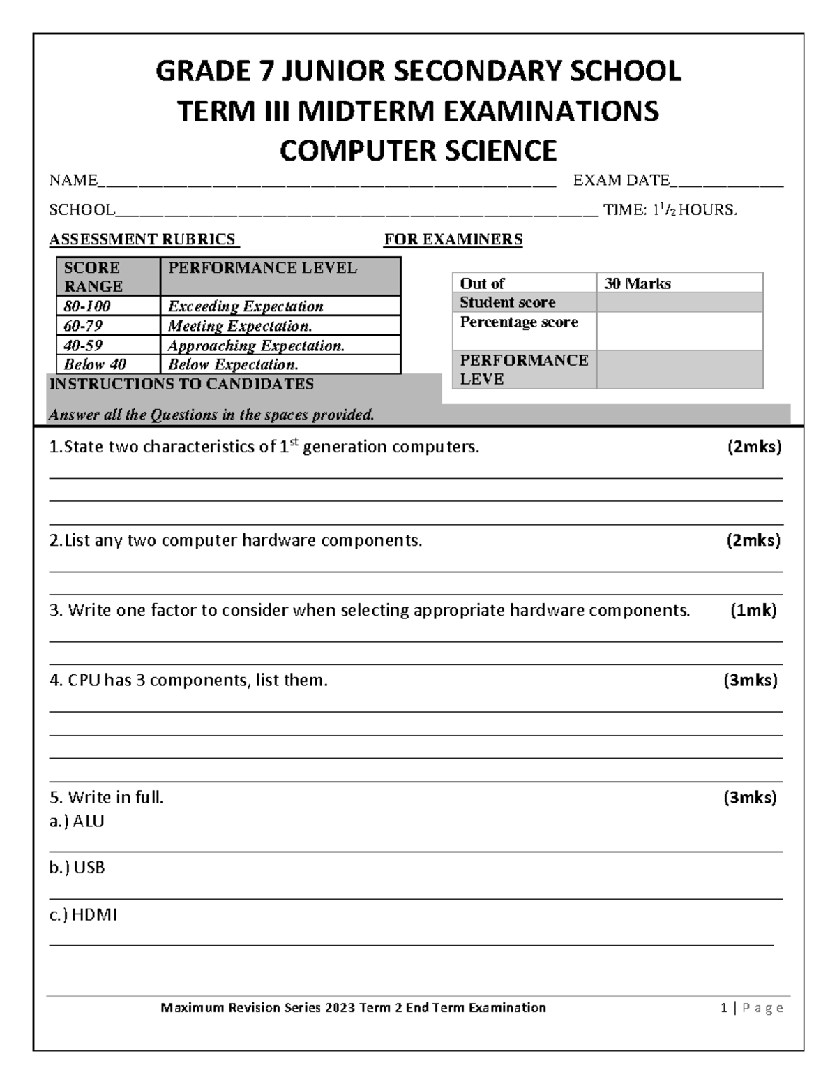 2023 JSS-G7 Term 3 Computer Science Midterm Exam Revision Notes - Studocu