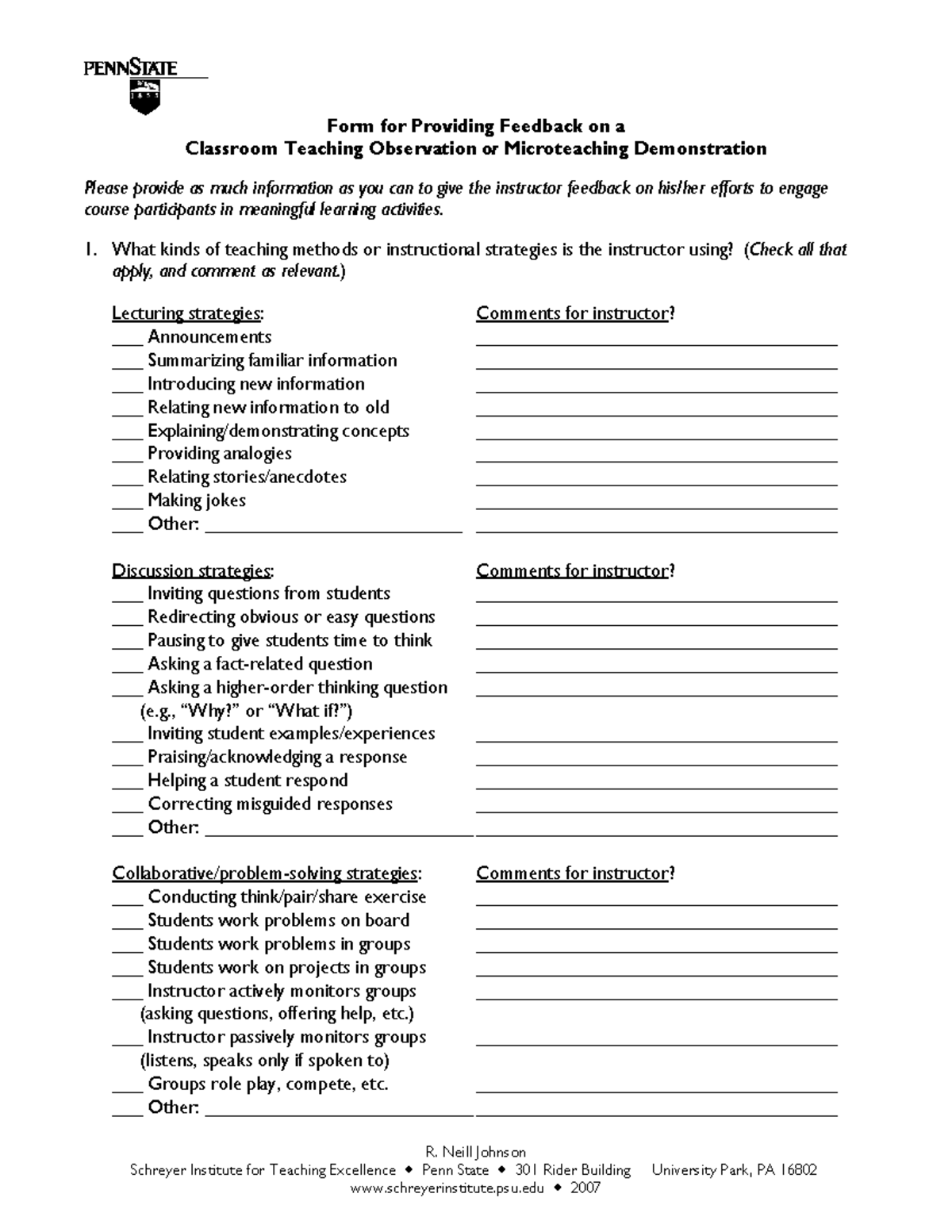 Teaching Observation Feedback Form - Effective Strategies Assessment ...