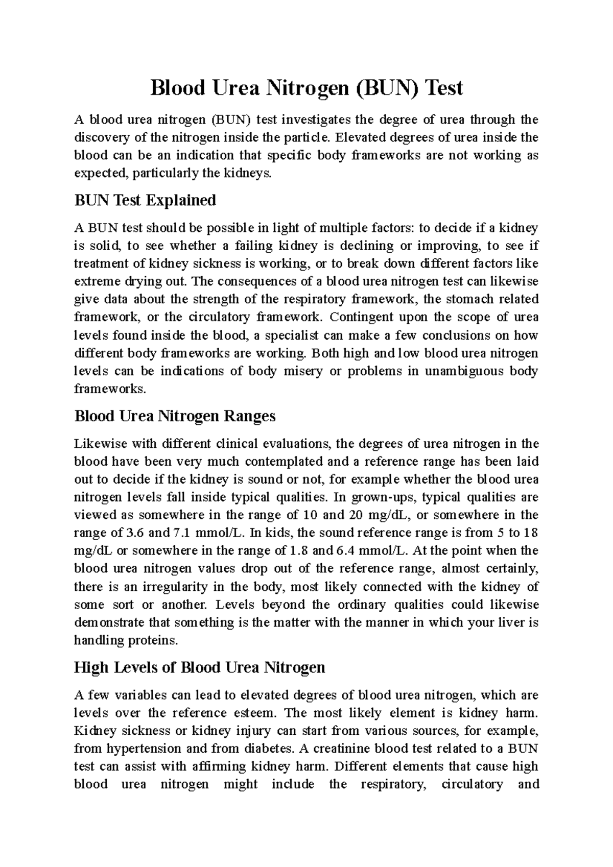 BUN Test Analysis: Understanding Blood Urea Nitrogen Levels - Studocu