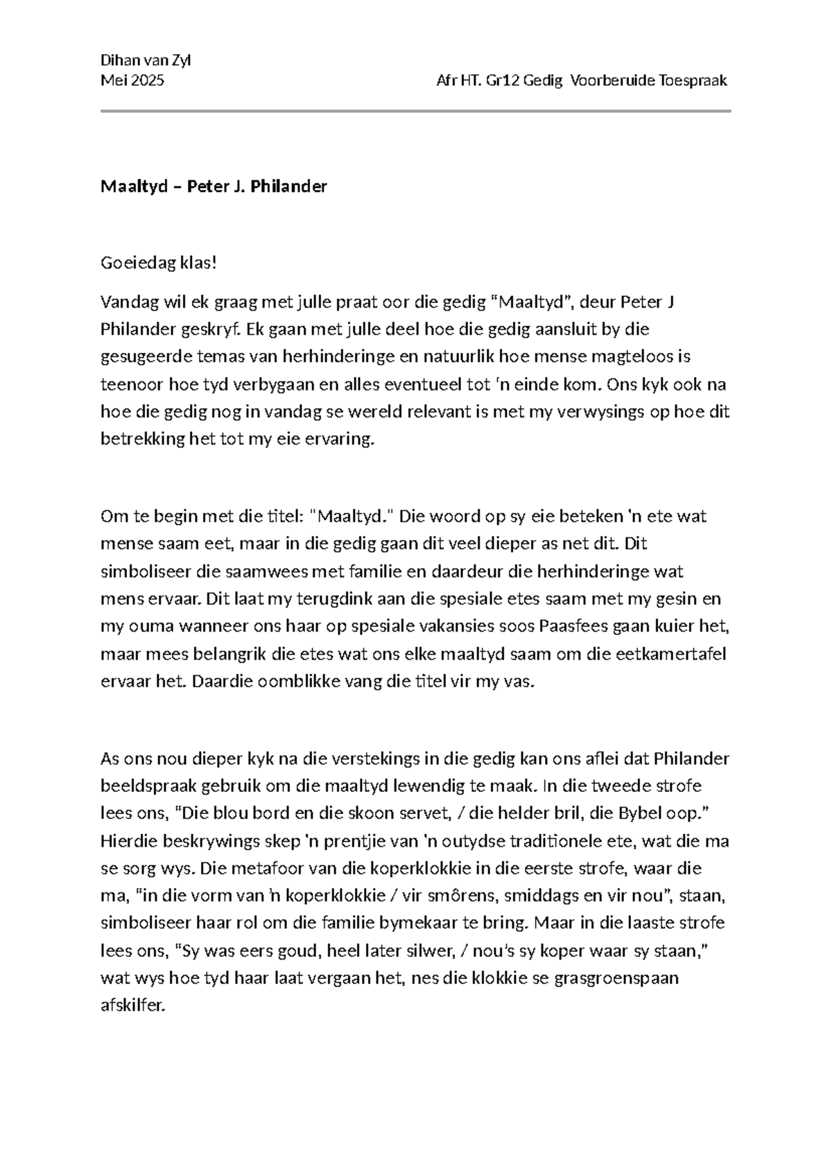 Afrikaans HT Gr12 2025: Toespraak oor Peter J. Philander se Gedig - Studocu