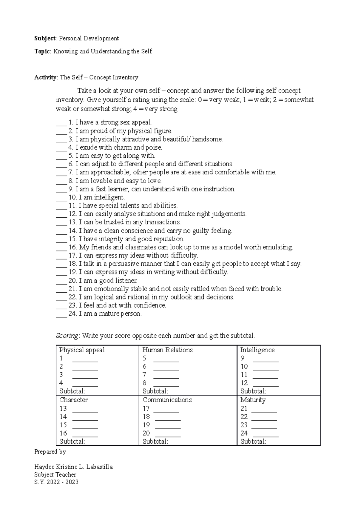 Self-Concept Inventory Assessment for Personal Development - Studocu