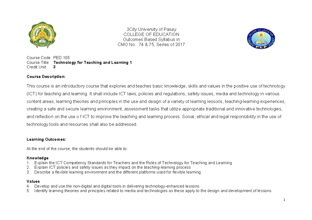 PED 105 Technology for Teaching and Learning 1 Syllabus - Studocu