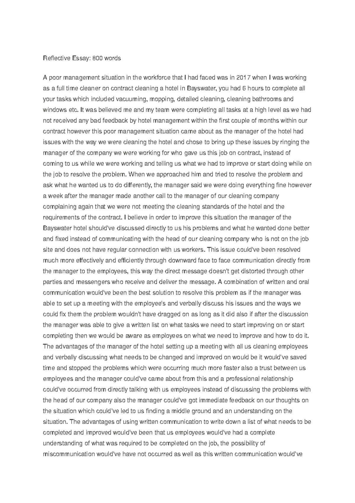 MGMT100 reflective essay - Reflective Essay: 800 words A poor ...