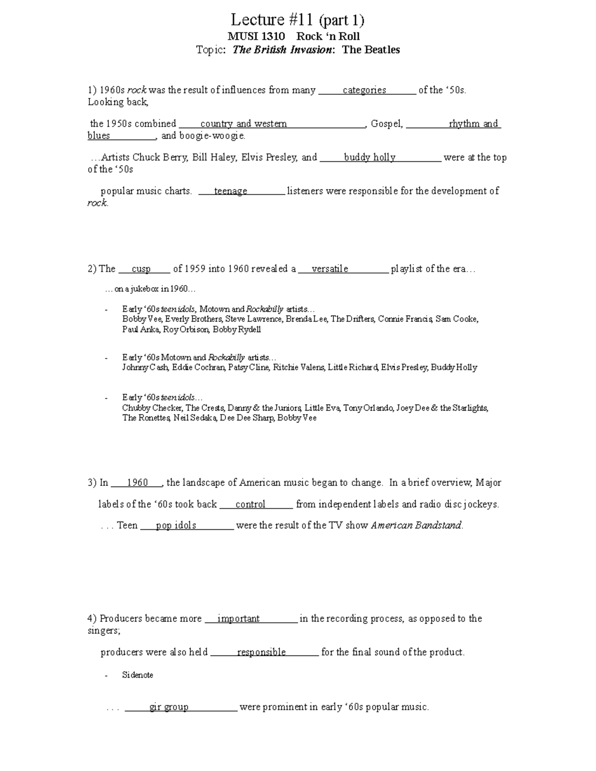 Lecture Guide 11 (part 1) - MUSI 1310 Rock ‘n Roll Topic : The British ...