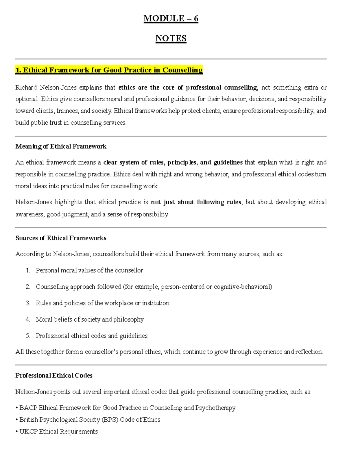 Module 6 Notes: Ethical Frameworks in Counselling Practice - Studocu