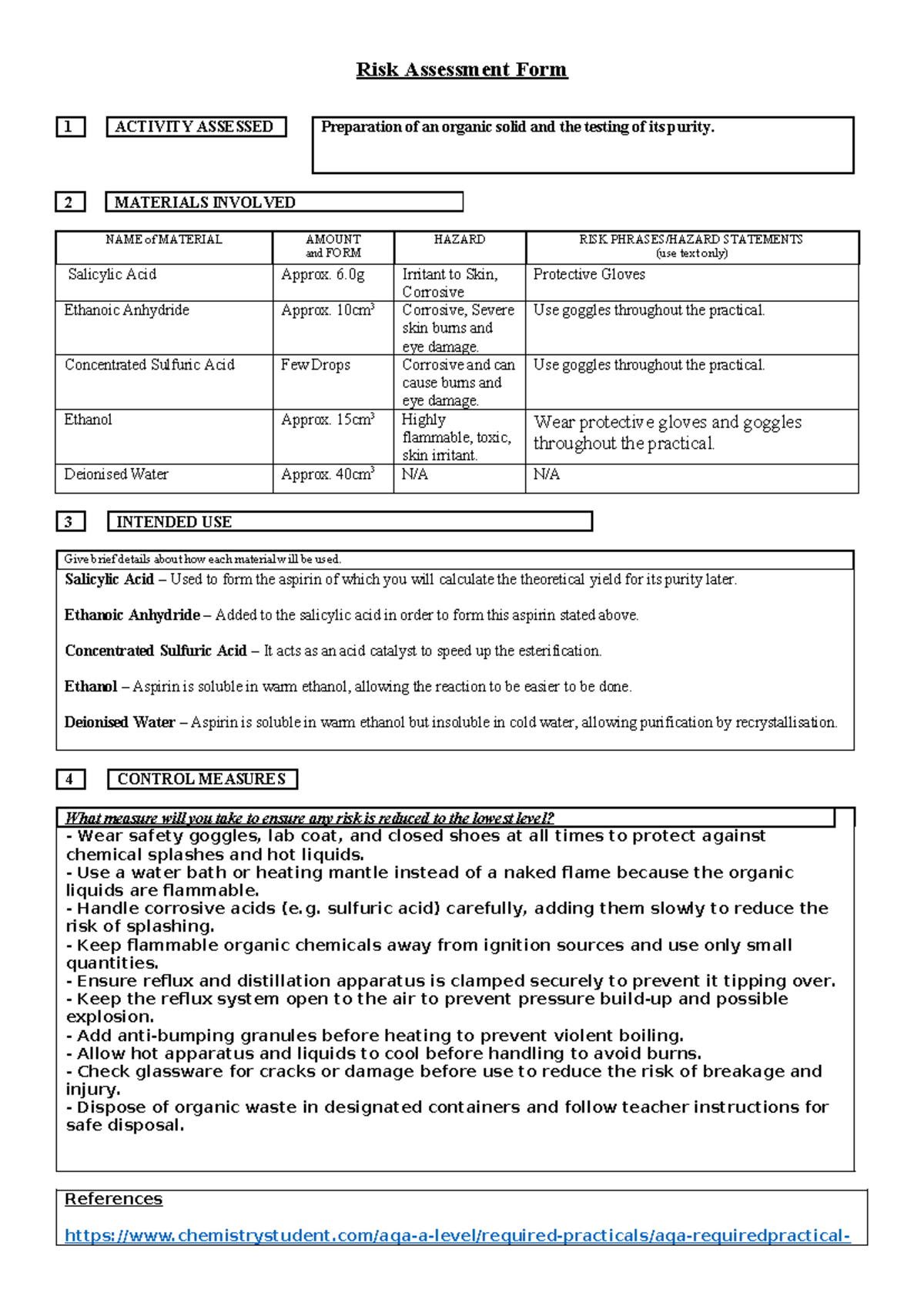 Risk Assessment Form for Organic Solid Preparation - Practical 10 - Studocu