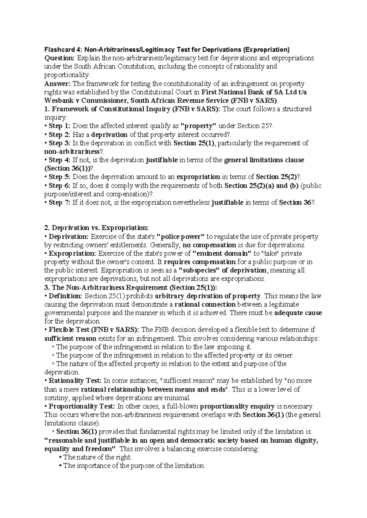 Flashcard 4: Test for Deprivations & Expropriations in SA Law - Studocu